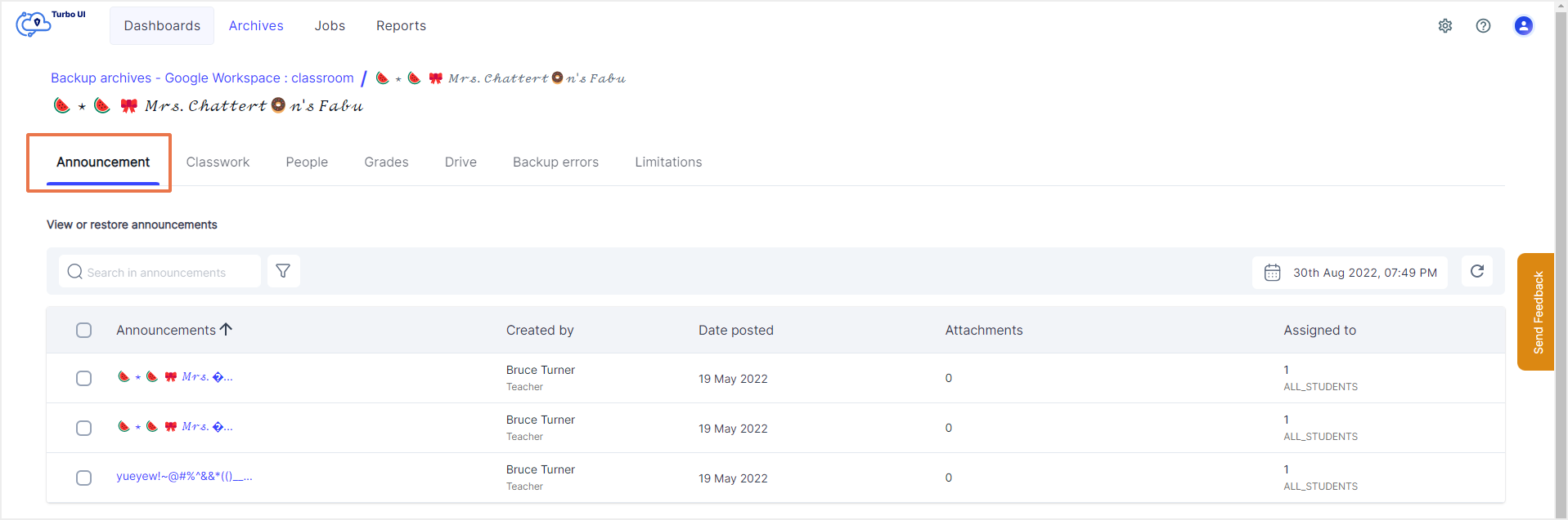 How to restore Google Classroom Announcement data from the SysCloud application?